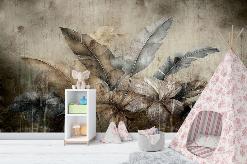 Vintage Tropical Leaf Peel and Stick Wallpaper, Earthy Botanical Wall ...