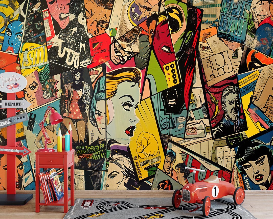 Retro Comic Peel and Stick Wallpaper, Pop Art Comic Book Collage Wall ...