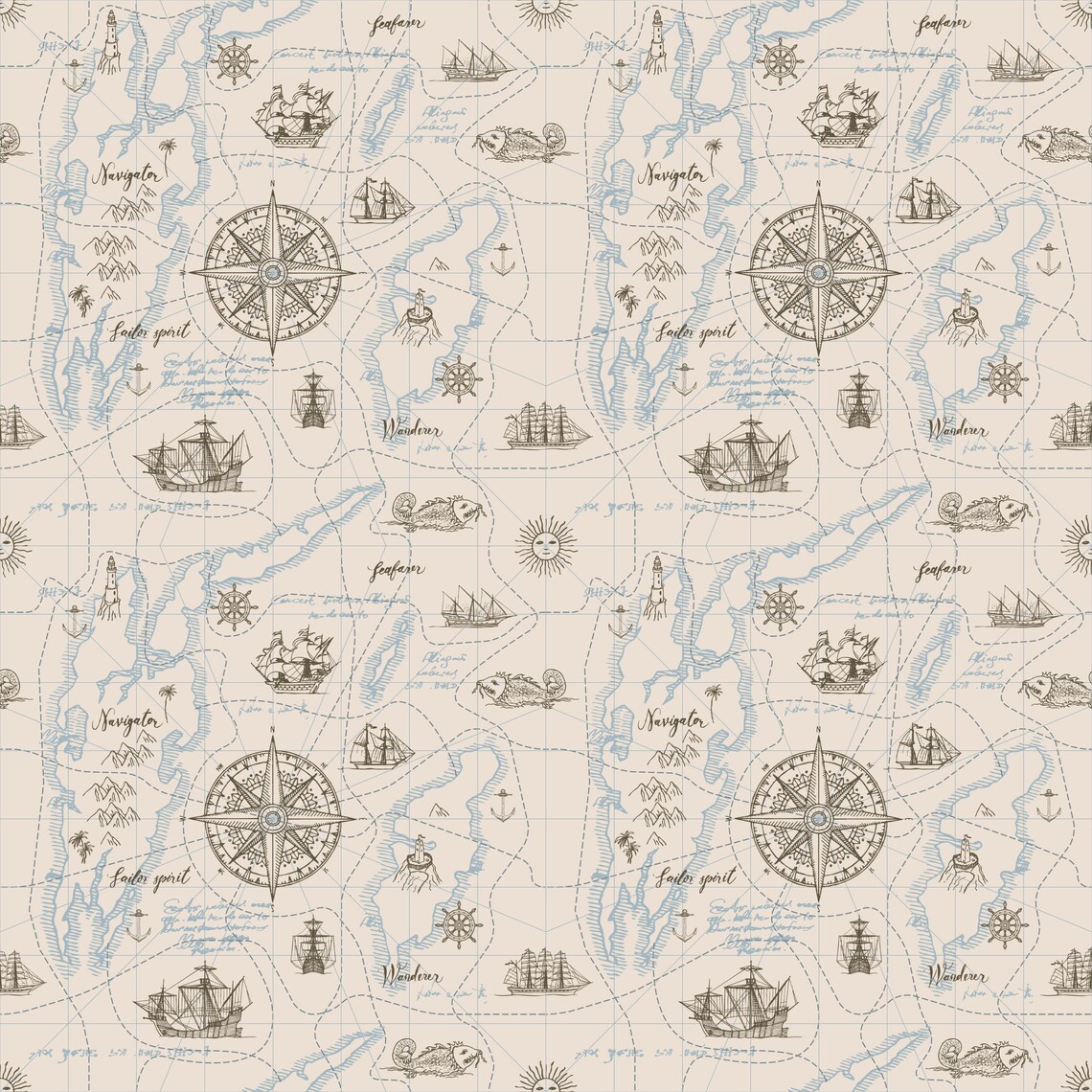 Vintage Nautical Map Wallpaper,antique Maritime Chart Wall Decor ...