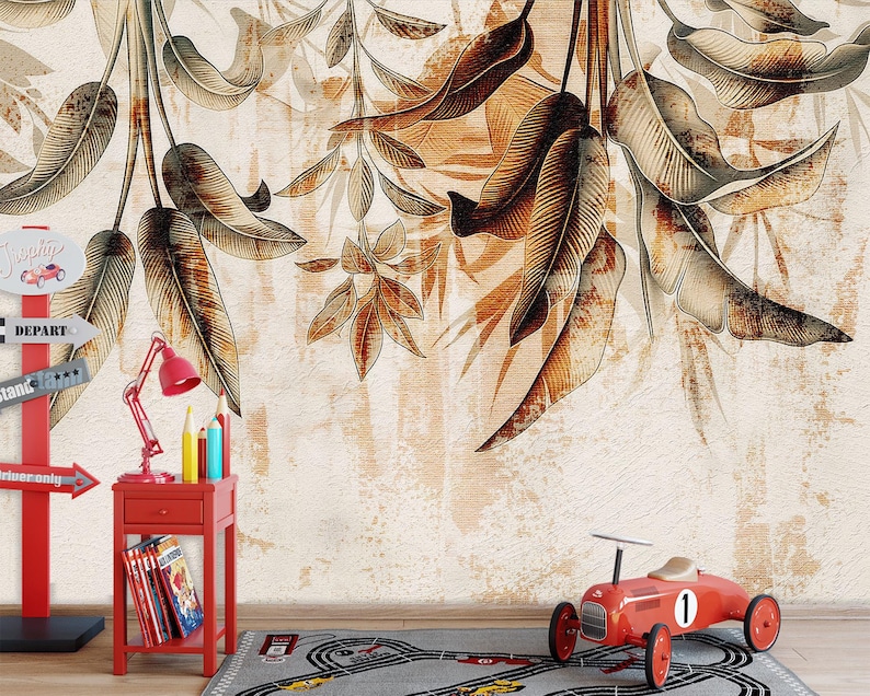 Rustic Botanical Peel and Stick Wallpaper, Leaf Wall Mural, Natural ...