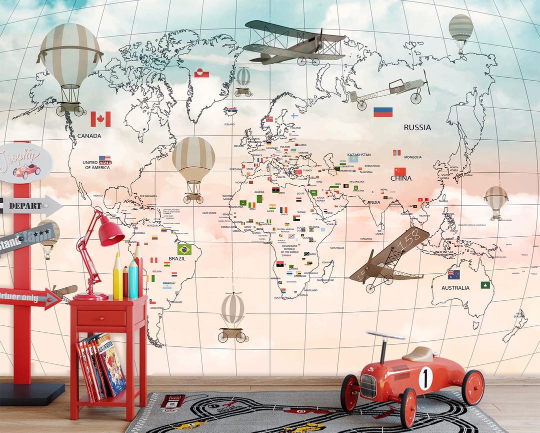 Vintage World Map Wallpaper - Retro Airplane & Hot Air Balloon Wall ...