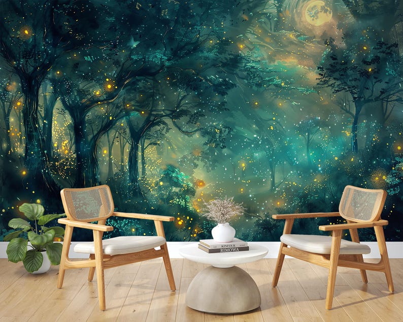 Enchanted Forest Peel and Stick Wallpaper Mural, Magical Fireflies ...
