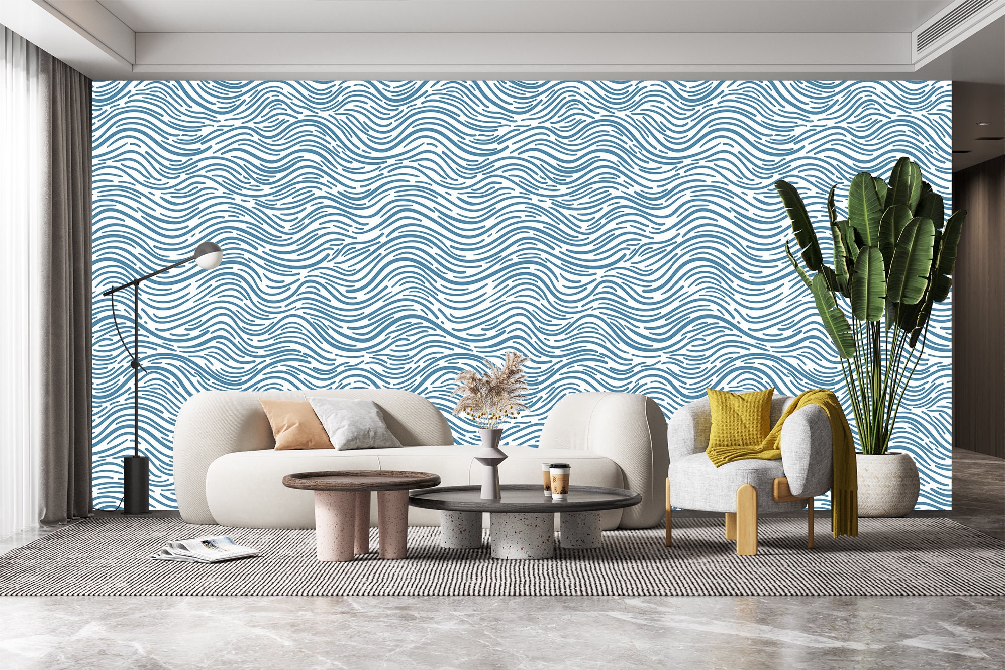 Modern Wave Pattern Wallpaper,ocean Inspired Blue and White Wall Decor ...