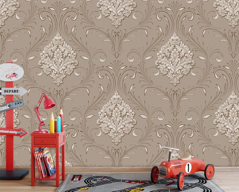 Luxurious Beige Damask Pattern - Ornate Seamless Vintage Floral Design for Elegant Fabric ...