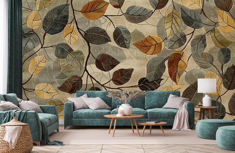 Autumn Leaf Peel and Stick Wallpaper Mural, Neutral Botanical Leaves ...