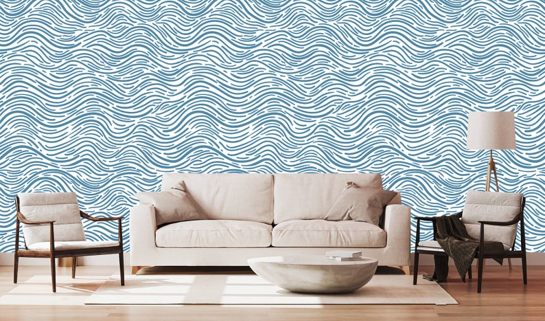 Modern Wave Pattern Wallpaper,ocean Inspired Blue and White Wall Decor ...