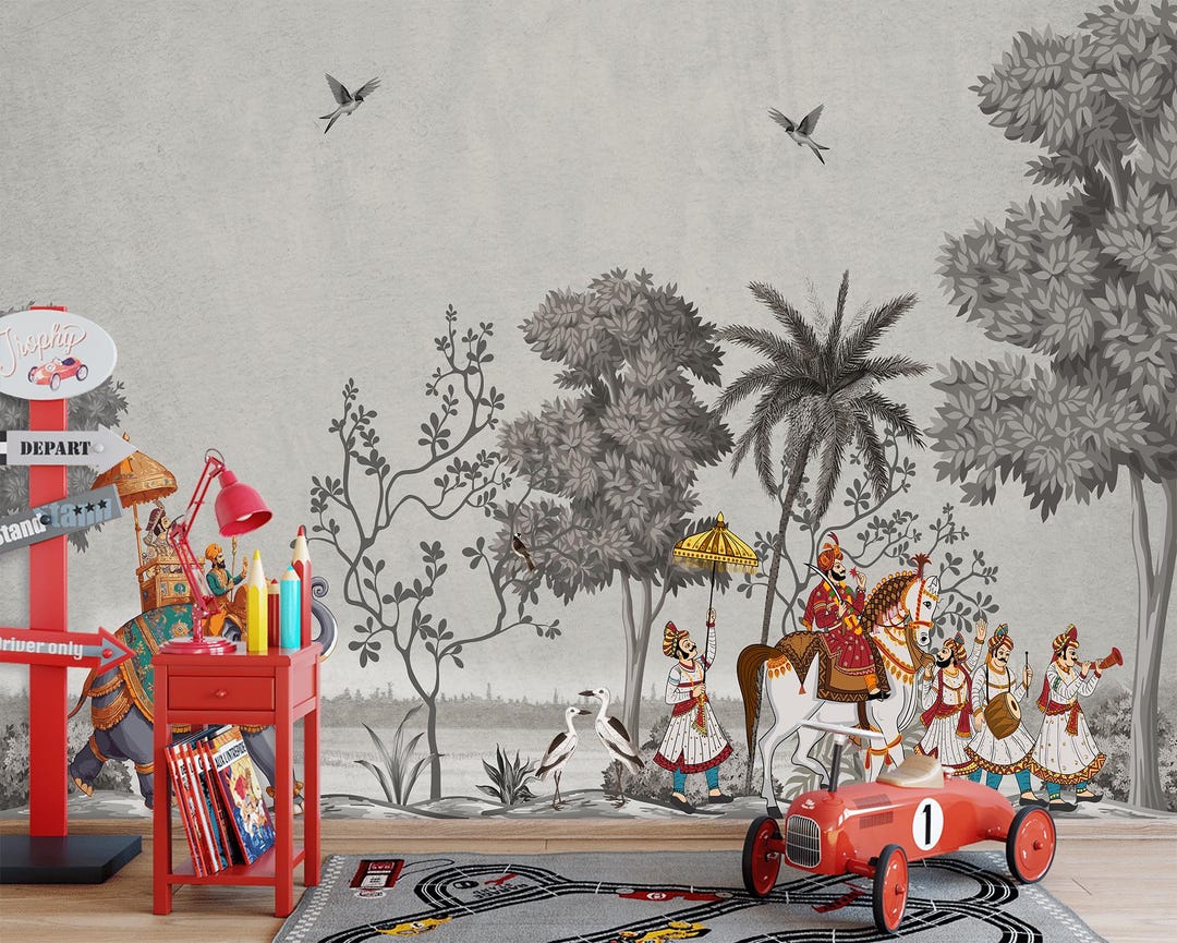Indian Wedding Procession Wallpaper: Elephant & Horse Parade Mural - Etsy