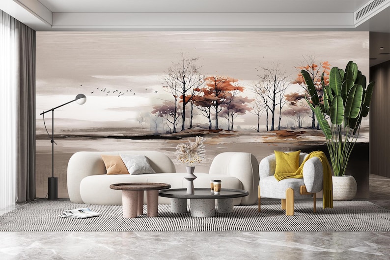 Autumn Lake Peel and Stick Wallpaper, Fall Forest Wall Mural, Scenic ...