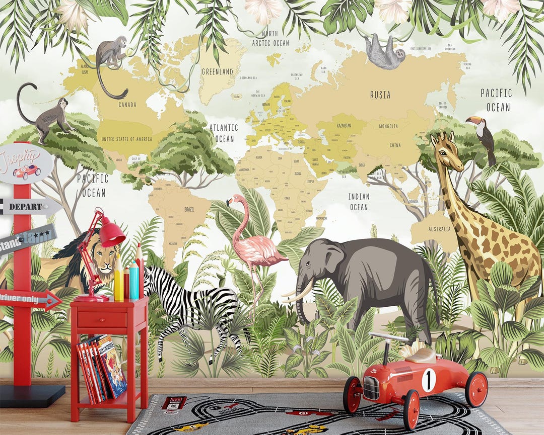 Safari Jungle World Map Wallpaper | Watercolor Animal Mural | Kids Room ...