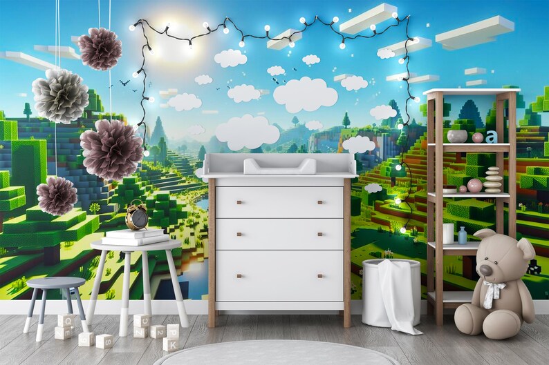 Minecraft Block Landscape Peel and Stick Wallpaper, Pixel Nature Game ...