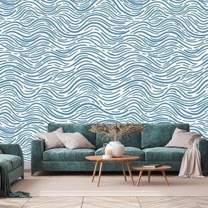 Modern Wave Pattern Wallpaper,ocean Inspired Blue and White Wall Decor ...