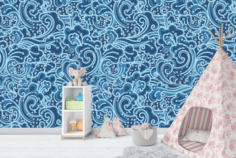 Elegant Ocean Waves Pattern Wallpaper,blue Sea Wave Wall Decor,coastal ...