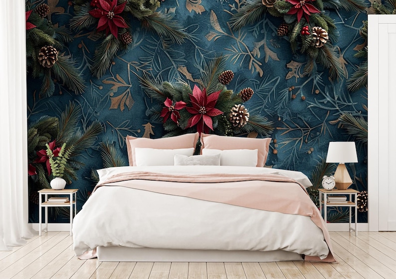 Christmas Floral Peel and Stick Wallpaper, Elegant Holiday Flower Wall ...