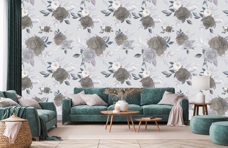 Elegant Grey and White Floral Wallpaper - Sophisticated Rose Pattern ...