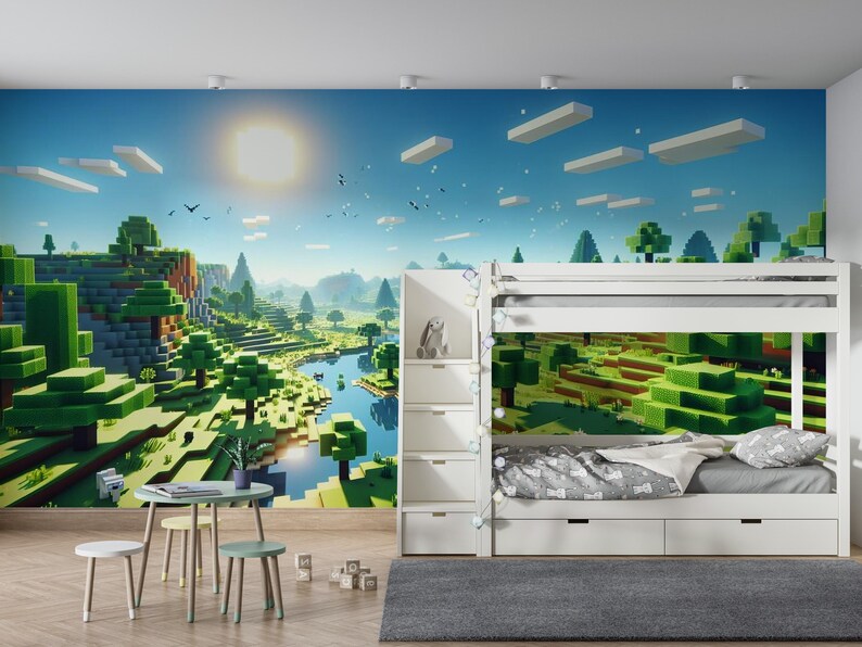 Minecraft Block Landscape Peel and Stick Wallpaper, Pixel Nature Game ...