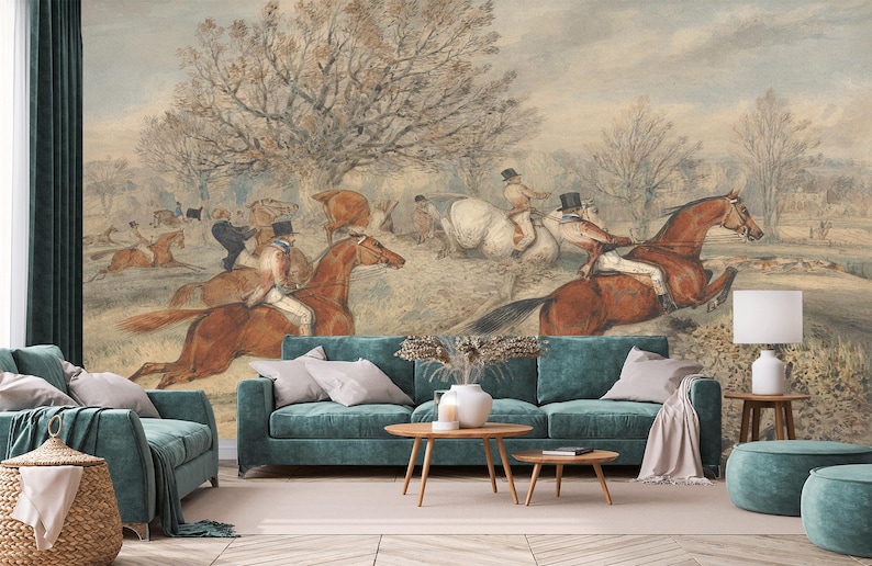 Vintage Equestrian Fox Hunting Peel and Stick Wallpaper Mural, English ...