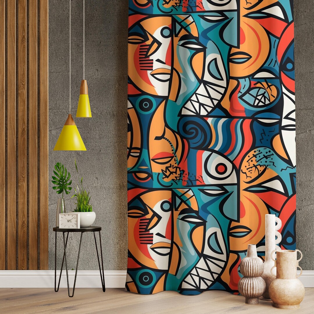 Abstract Face Curtain, Abstract Face Patterned Decorative Curtains for ...