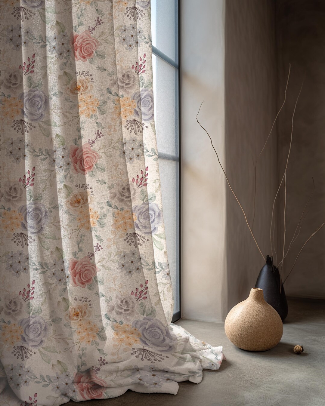 Floral Linen Curtain Panels: Cottagecore Window Curtains (custom Fit ...