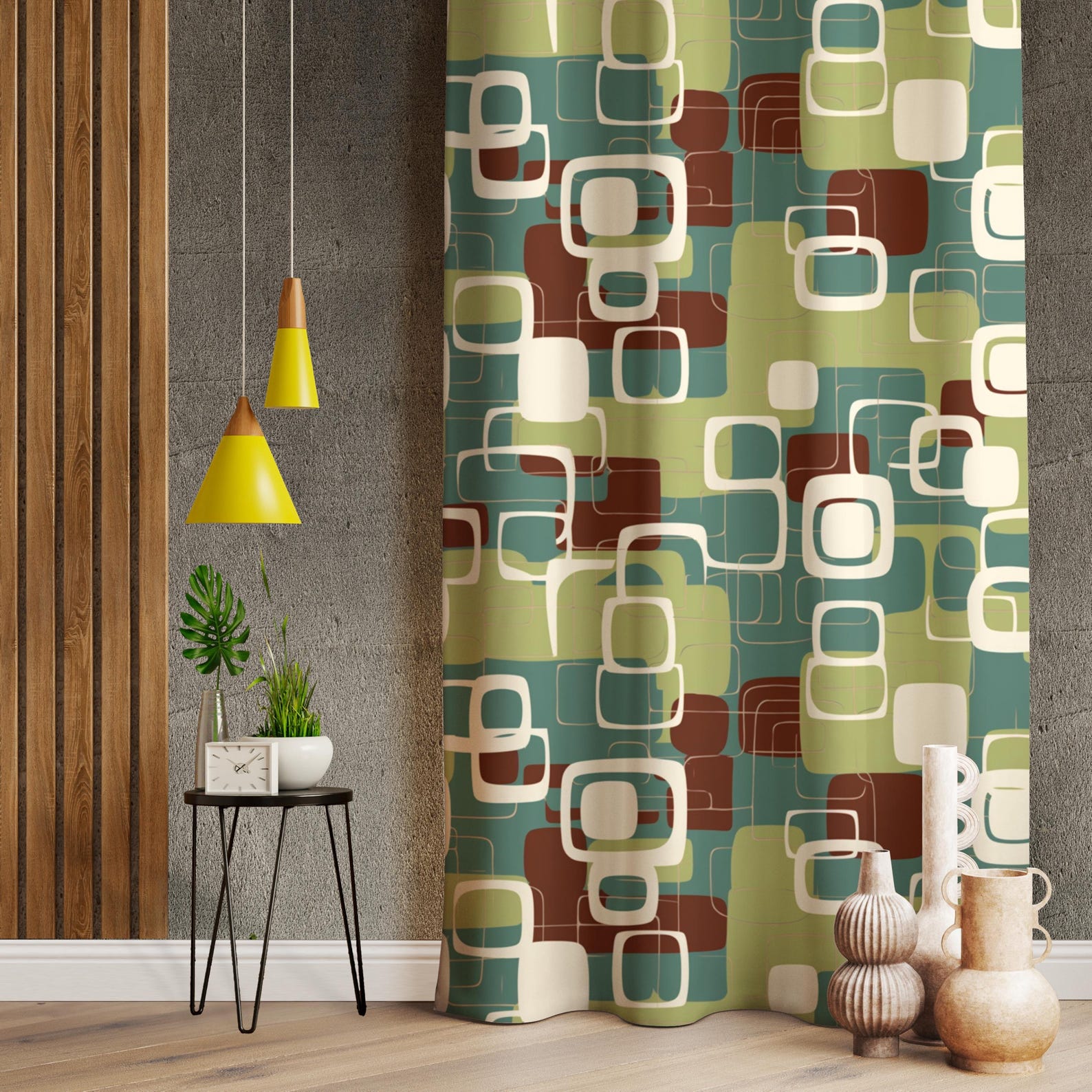 Retro Style Curtains With Green Tones, Green Retro Curtains, Rustic ...