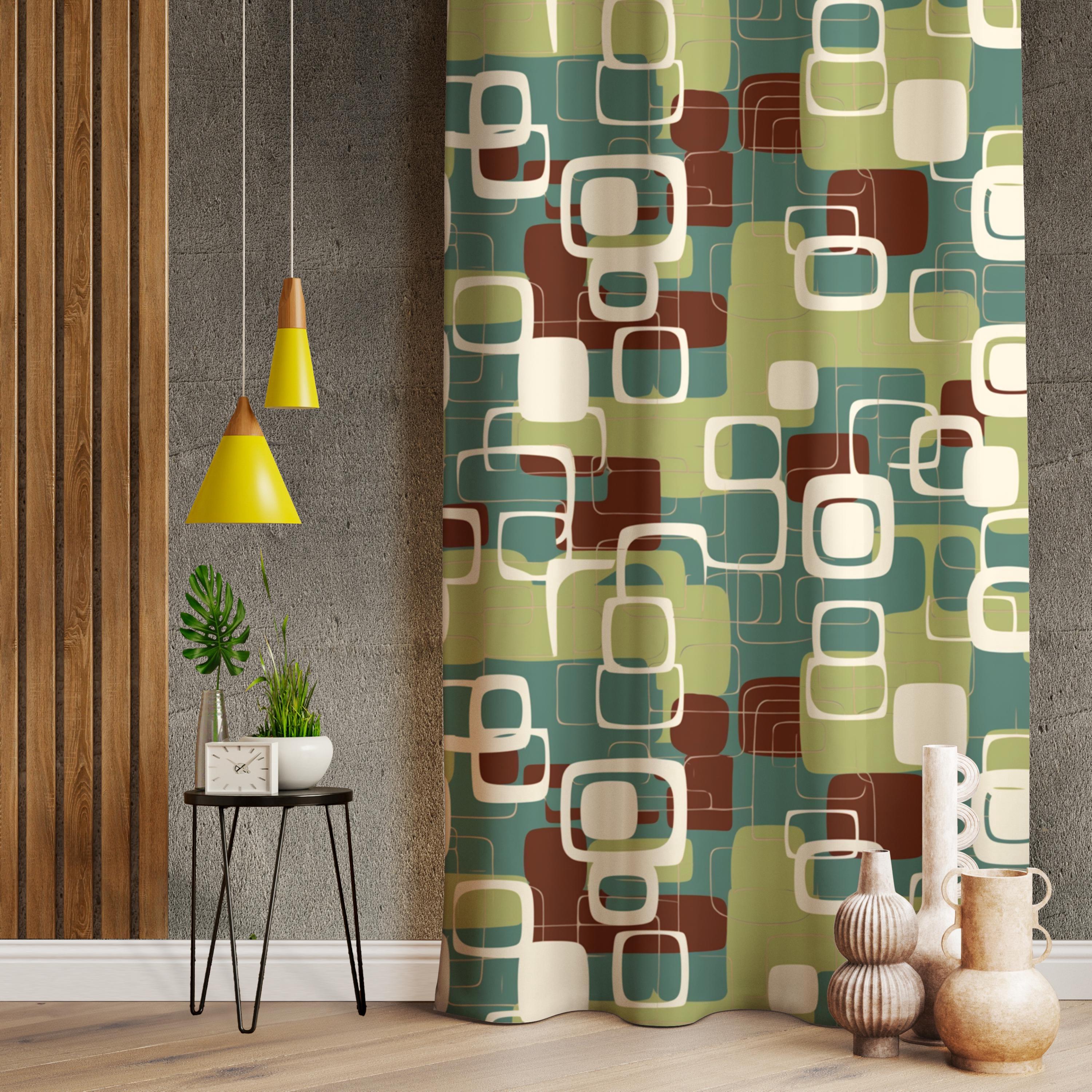 Retro Style Curtains With Green Tones, Green Retro Curtains, Rustic ...