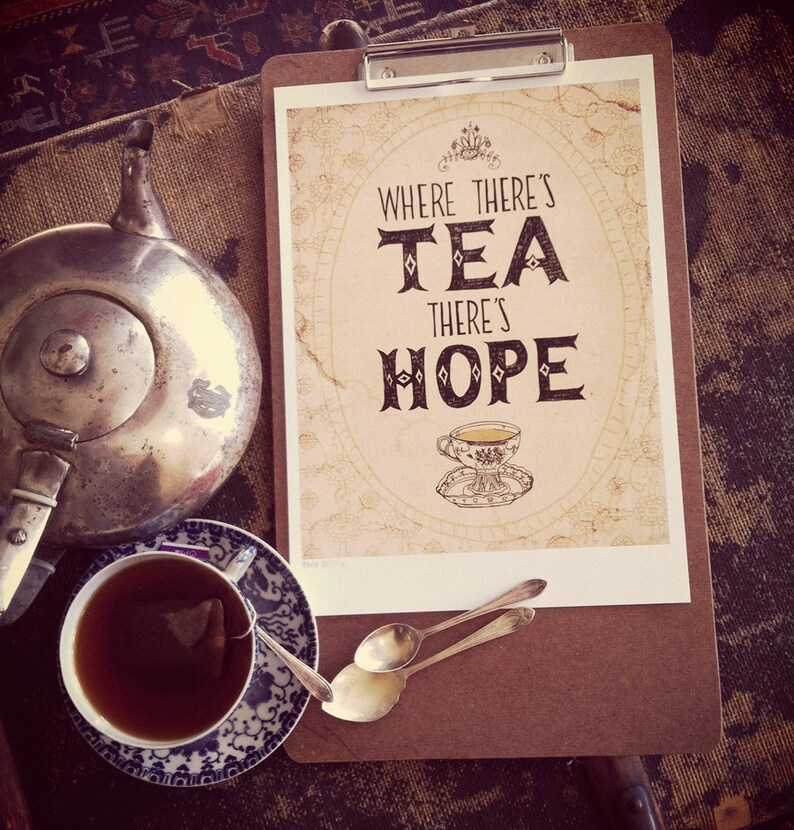 Tea and Hope Wall Art Print Typography Illustration Kitchen | Etsy