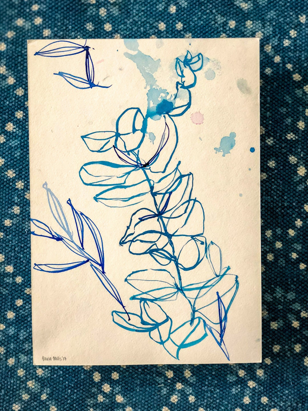 Original Watercolor and Ink Painting on Paper Blue Wash Leaf Artwork by ...