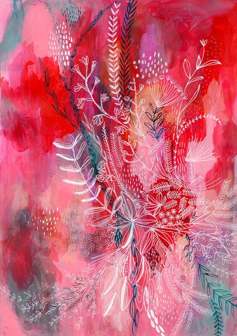 Pink and Red Botanical Patterns Archival Wall Art Print Decor Flower ...