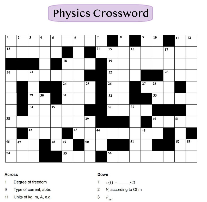 Physics Crossword Puzzle Activity for Advanced Science Students or ...