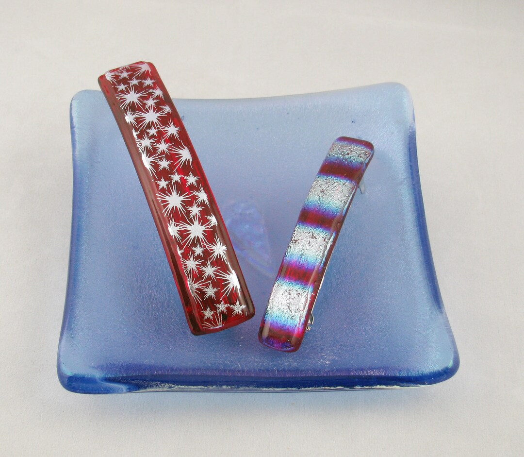 Red Barrette With Silver Starbursts or Striped Glass Barrette French ...