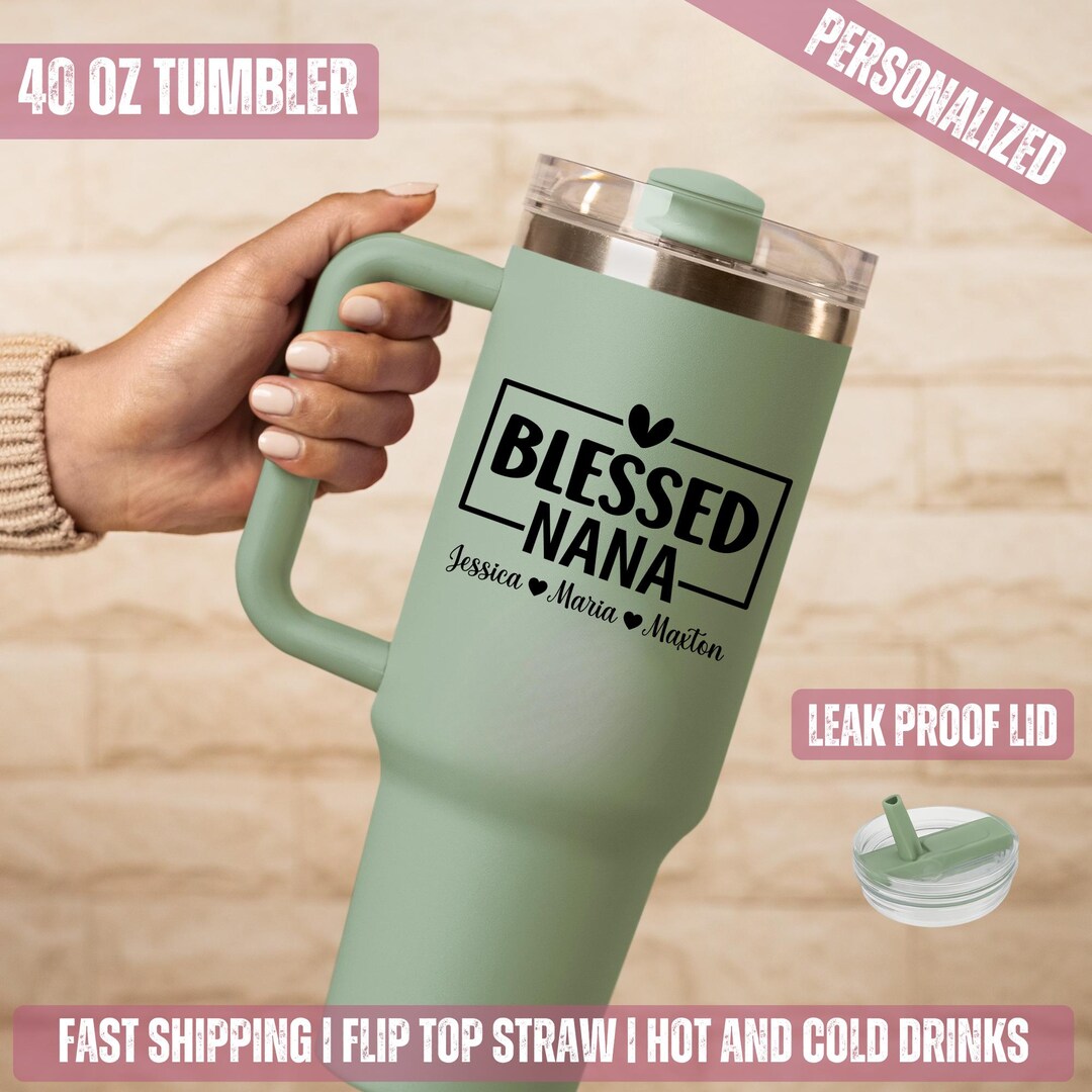 Personalized Nana Flip Top Green 40oz Tumbler Custom Kids Names Gift ...