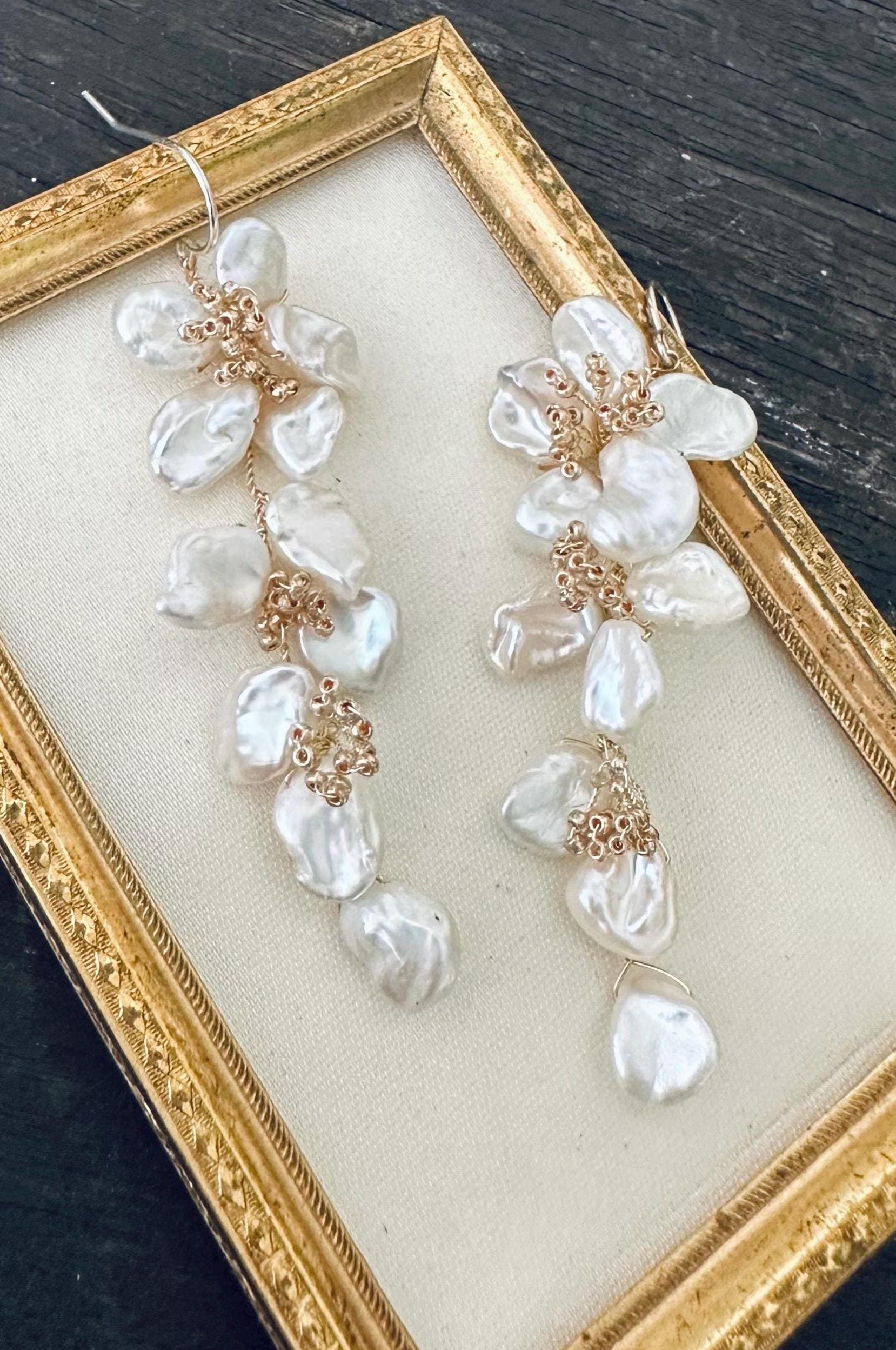 Keshi Freshwater Pearl Hand Wired Wedding/bridal/ Holiday Stud Drop ...