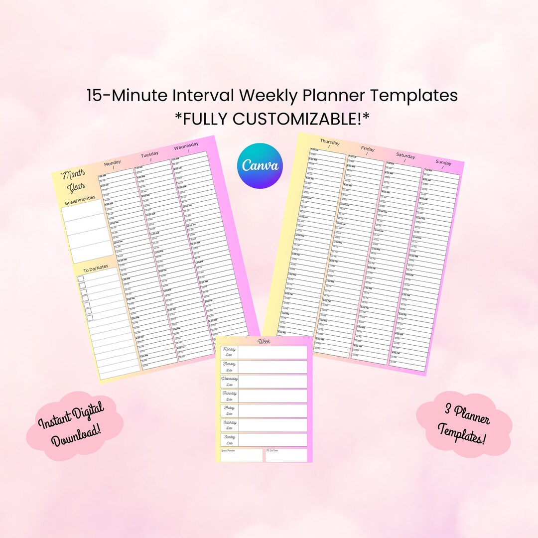 Printable Editable Customizable 15 Minute Increment/interval Weekly ...