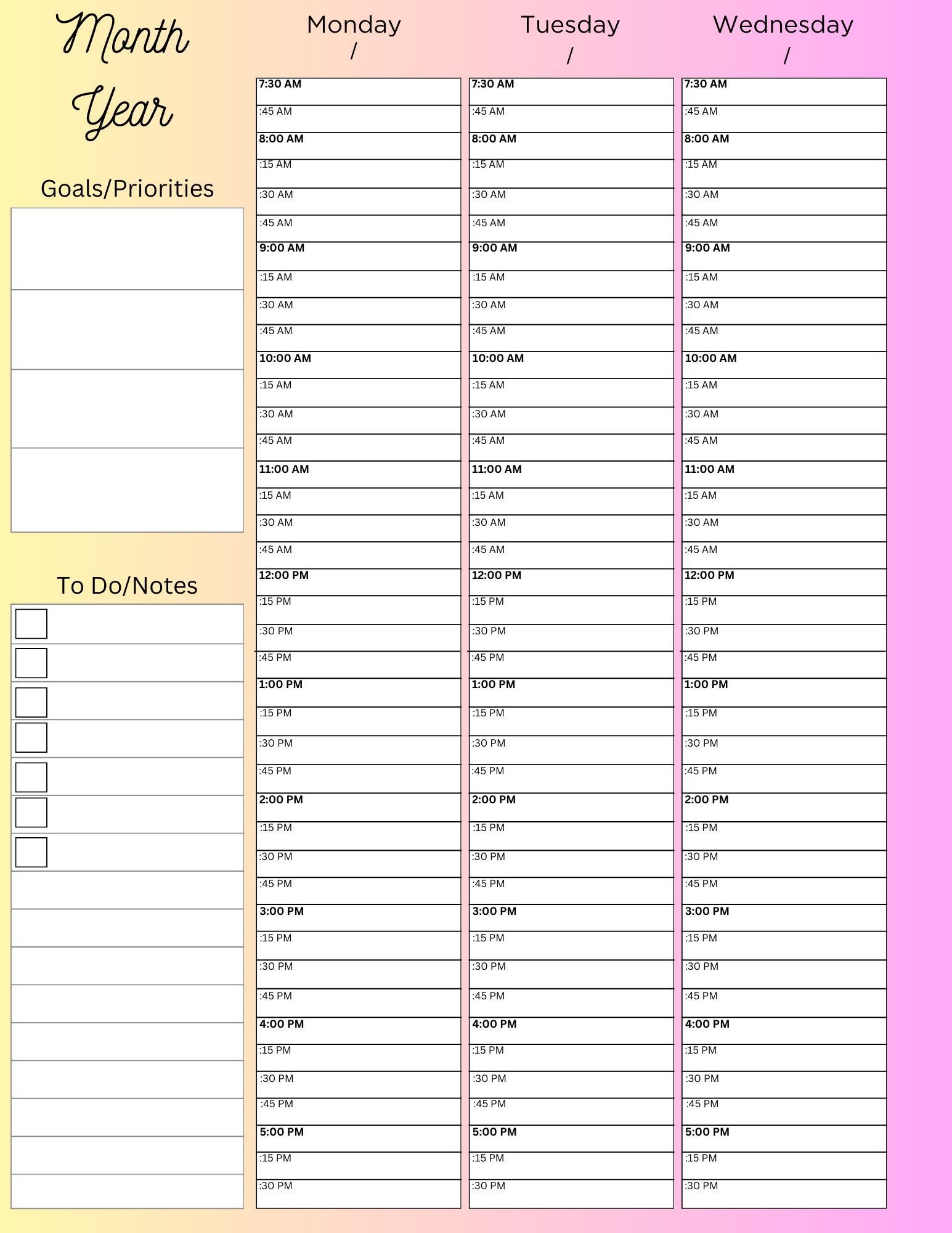 15 Minute Increment/interval Daily/weekly/monthly Editable Customizable ...