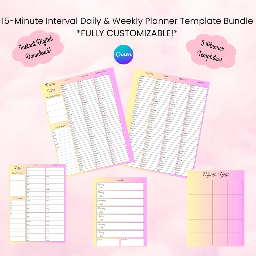 15 Minute Increment/interval Daily/weekly/monthly Editable Customizable ...