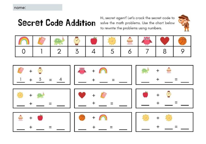 Secret Code Math Addition Worksheet - Etsy