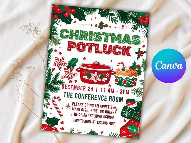 Editable Christmas Potluck Flyer Template, Holiday Potluck Party, Canva ...