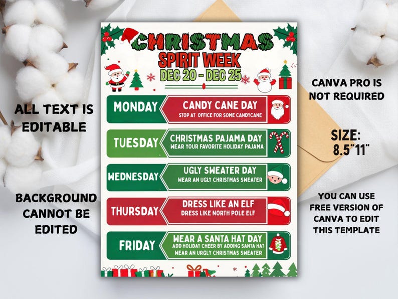 Editable Christmas Spirit Week Itinerary: School Holiday Planner (CANVA ...