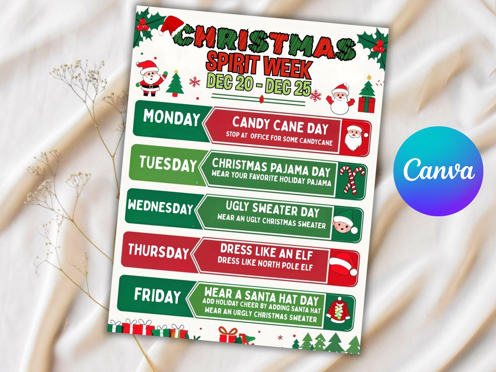 Editable Christmas Spirit Week Itinerary: School Holiday Planner (CANVA ...