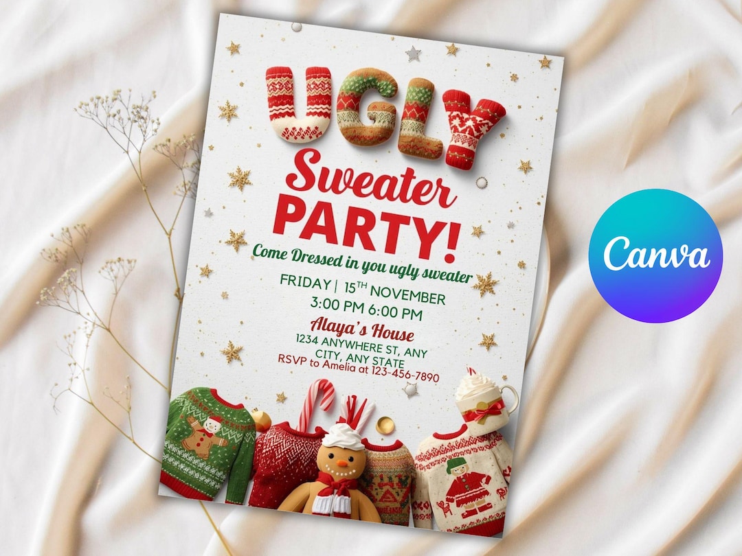 Editable Ugly Sweater Party Invitation, Canva Template (digital ...