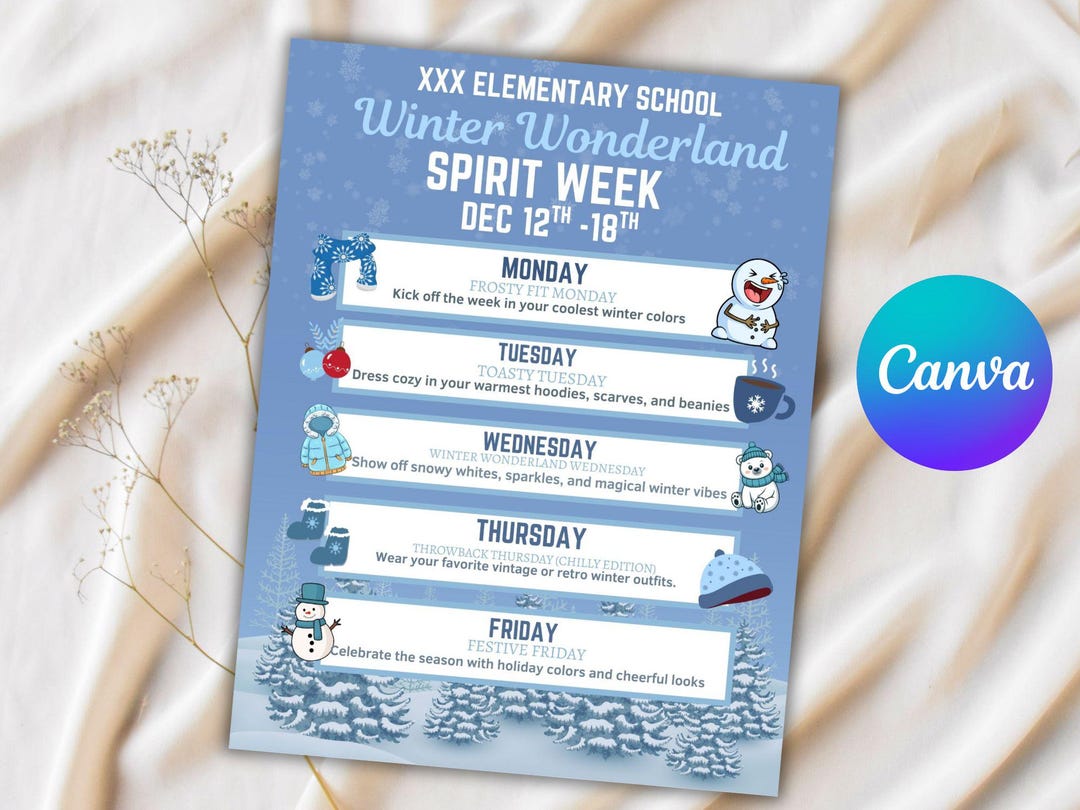 Winter Spirit Week Flyer | School Event, Editable Canva Template (8 ...