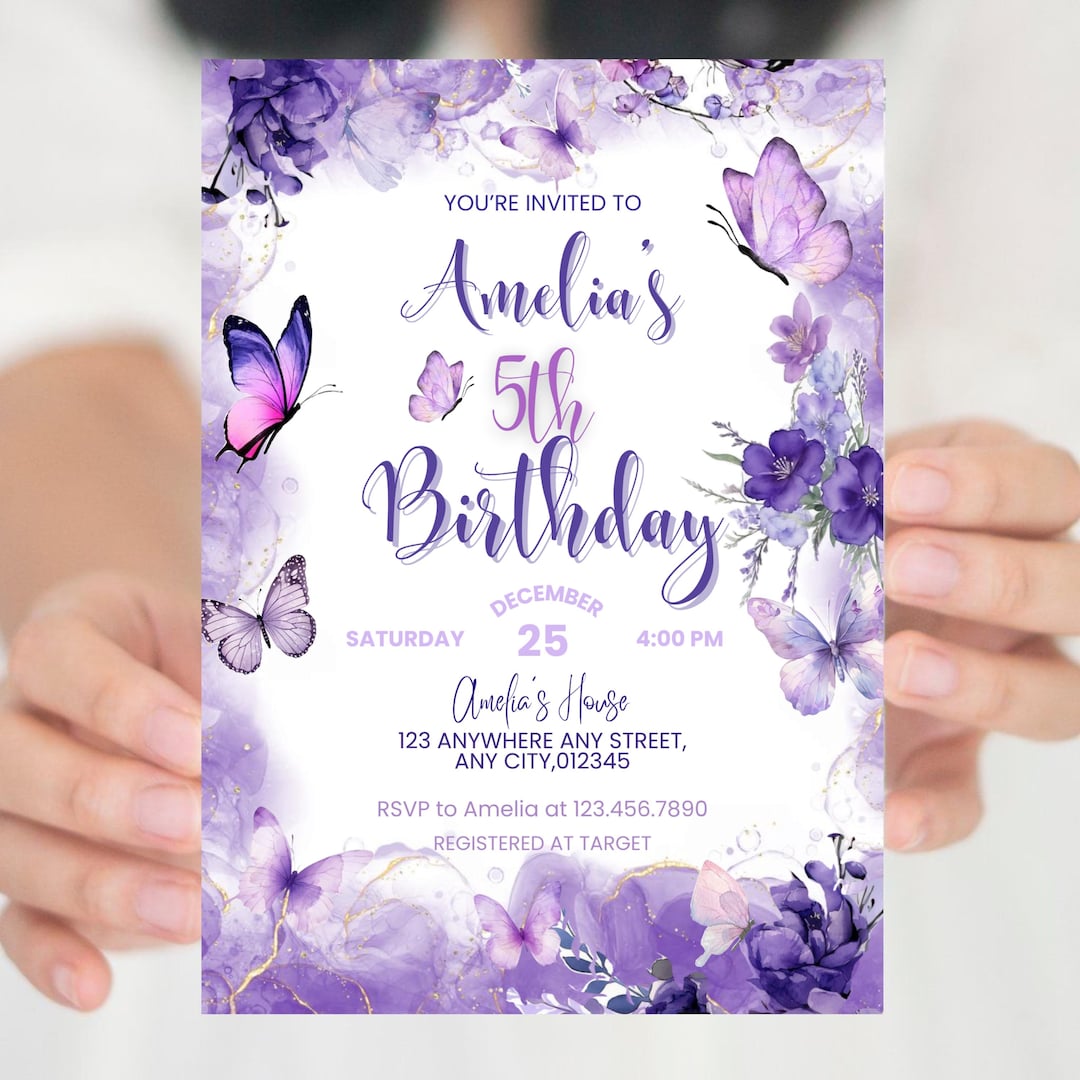 Editable Purple Butterfly Birthday Invitation | Customizable Canva ...