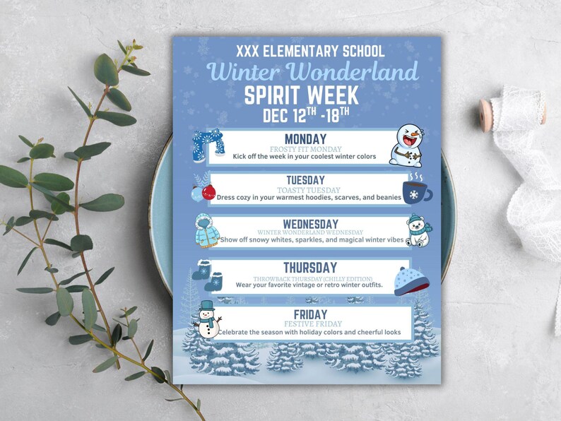 Winter Spirit Week Flyer | School Event, Editable Canva Template (8 ...