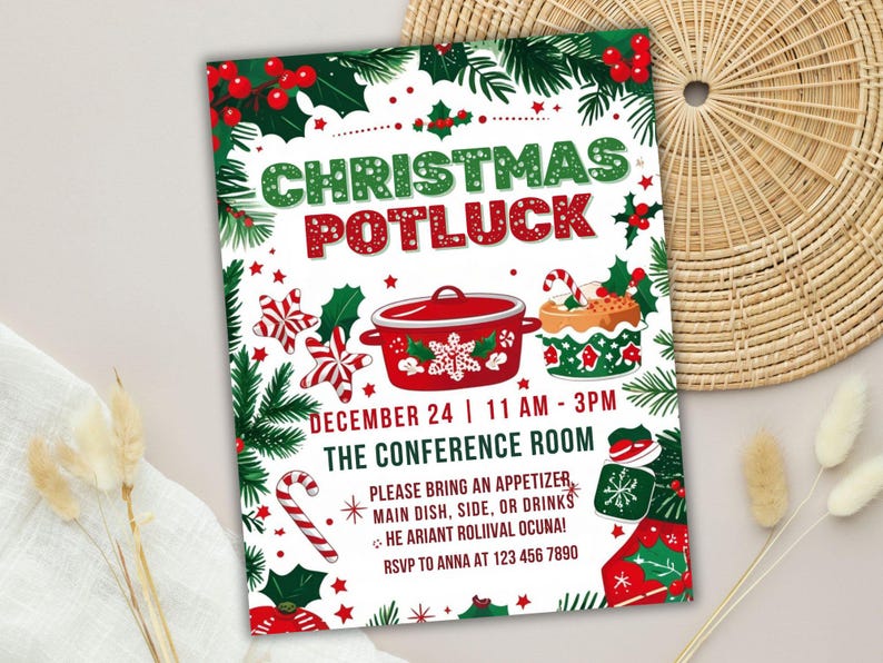 Editable Christmas Potluck Flyer Template, Holiday Potluck Party, Canva ...