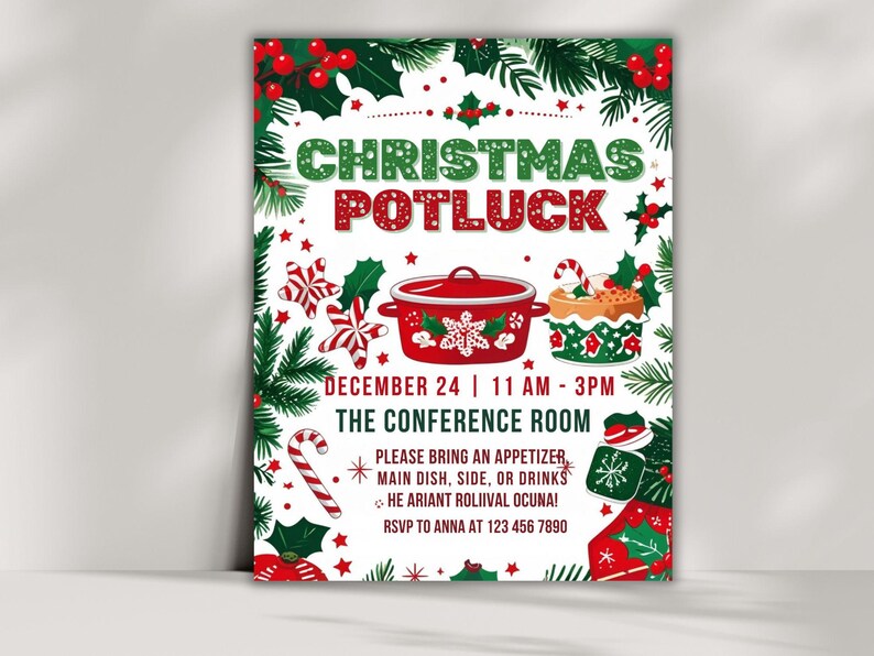 Editable Christmas Potluck Flyer Template, Holiday Potluck Party, Canva ...