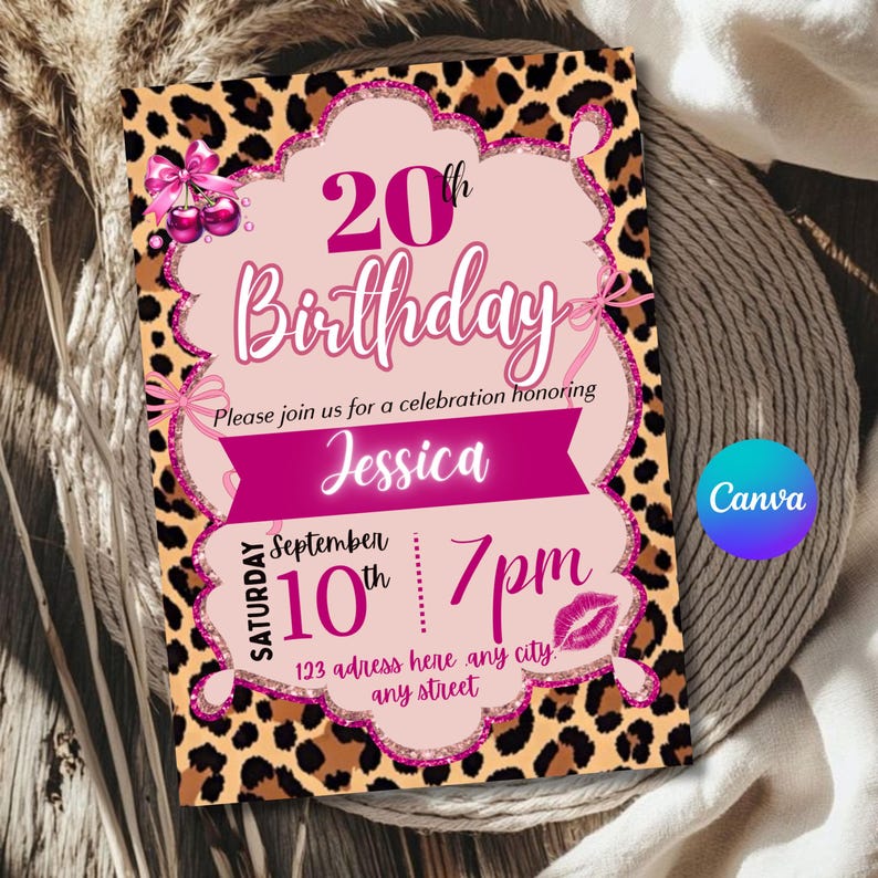 Cheetah Print Birthday Invitation, Cherry Theme | Leopard Party Invite ...
