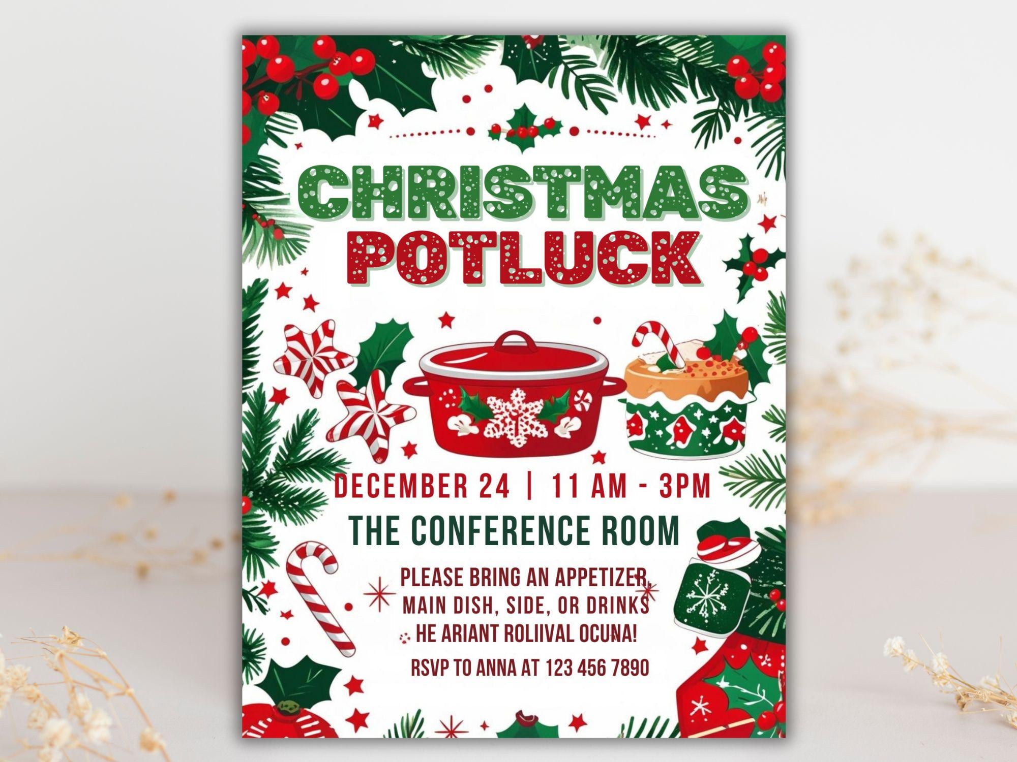 Editable Christmas Potluck Flyer Template, Holiday Potluck Party, Canva ...