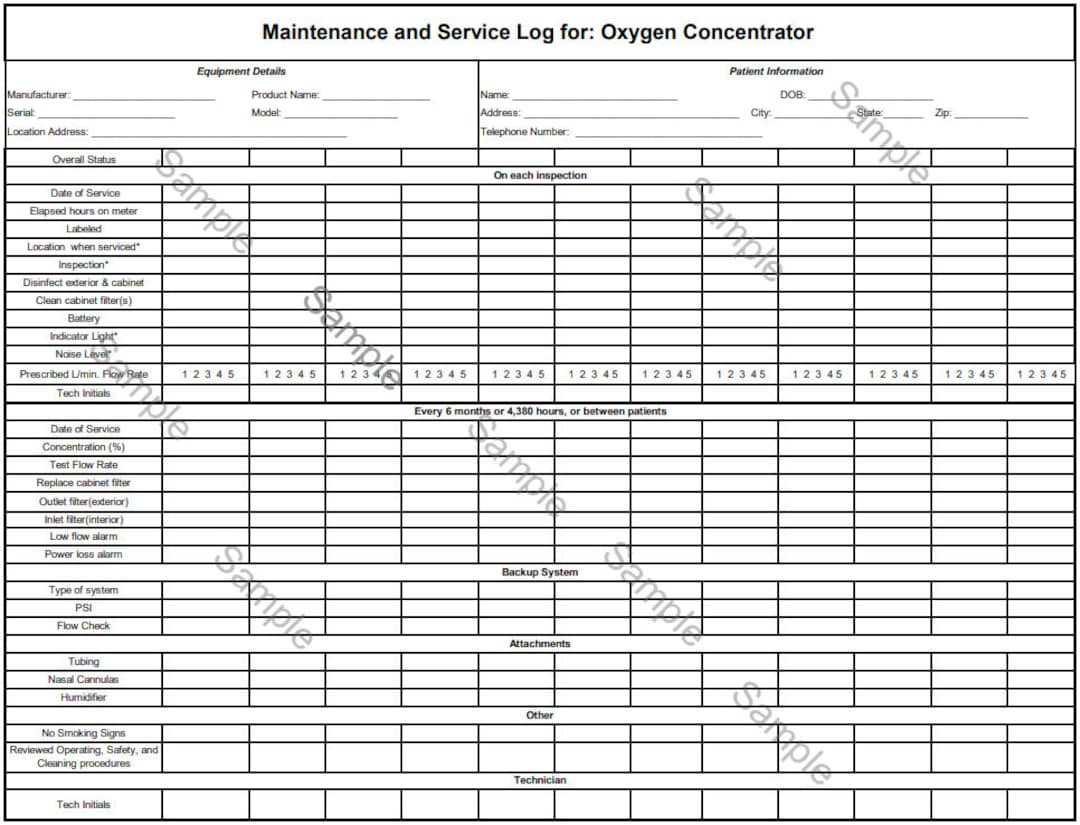 Oxygen Concentrator Service/maintenance Log (12 Month Log) - Etsy