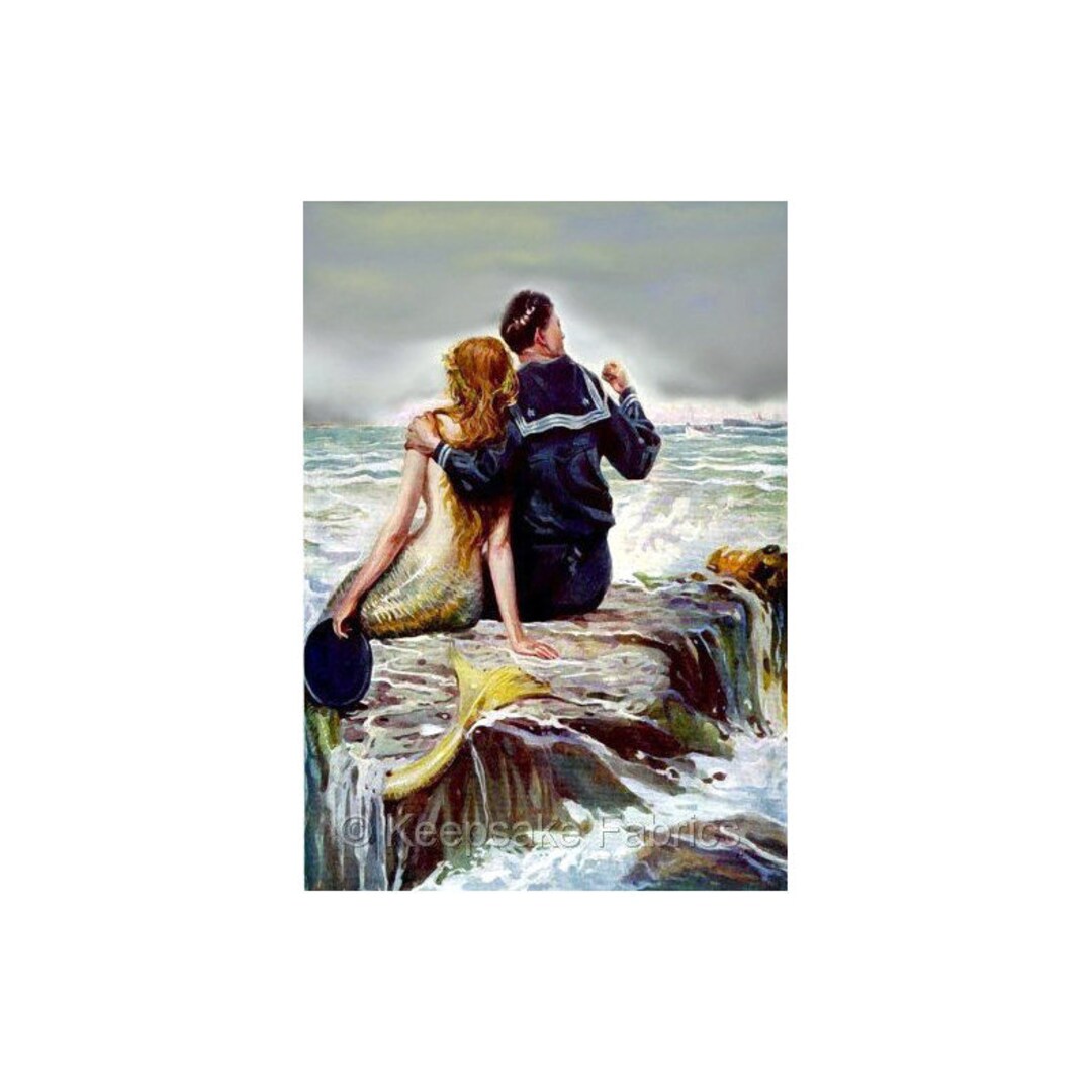 Mermaid & Sailor in Storm Reproduction Fabric Crazy Quilt Block Free ...