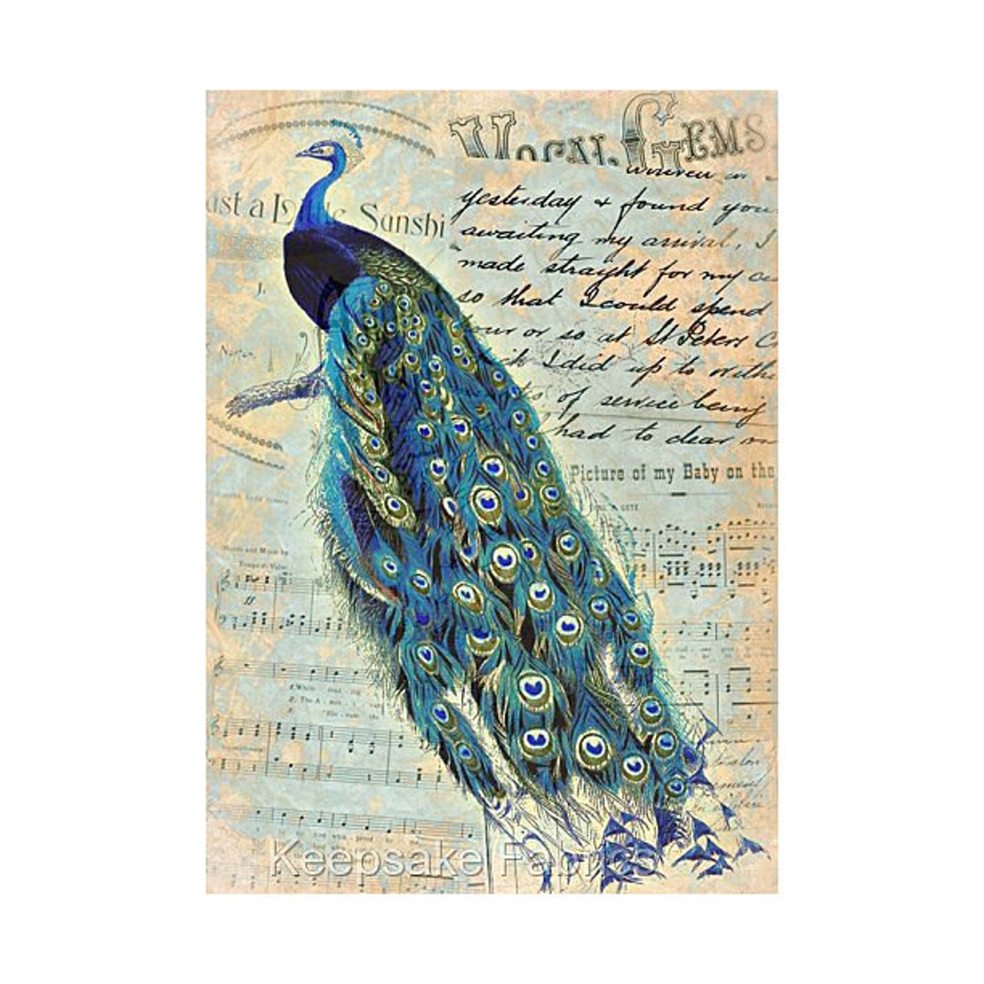 Beautiful Peacock Collage Art Reproduction Fabric Crazy Quilt Block ...