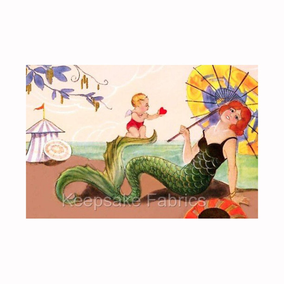 Mermaid at the Beach Reproduction Fabric Crazy Quilt Block Free ...